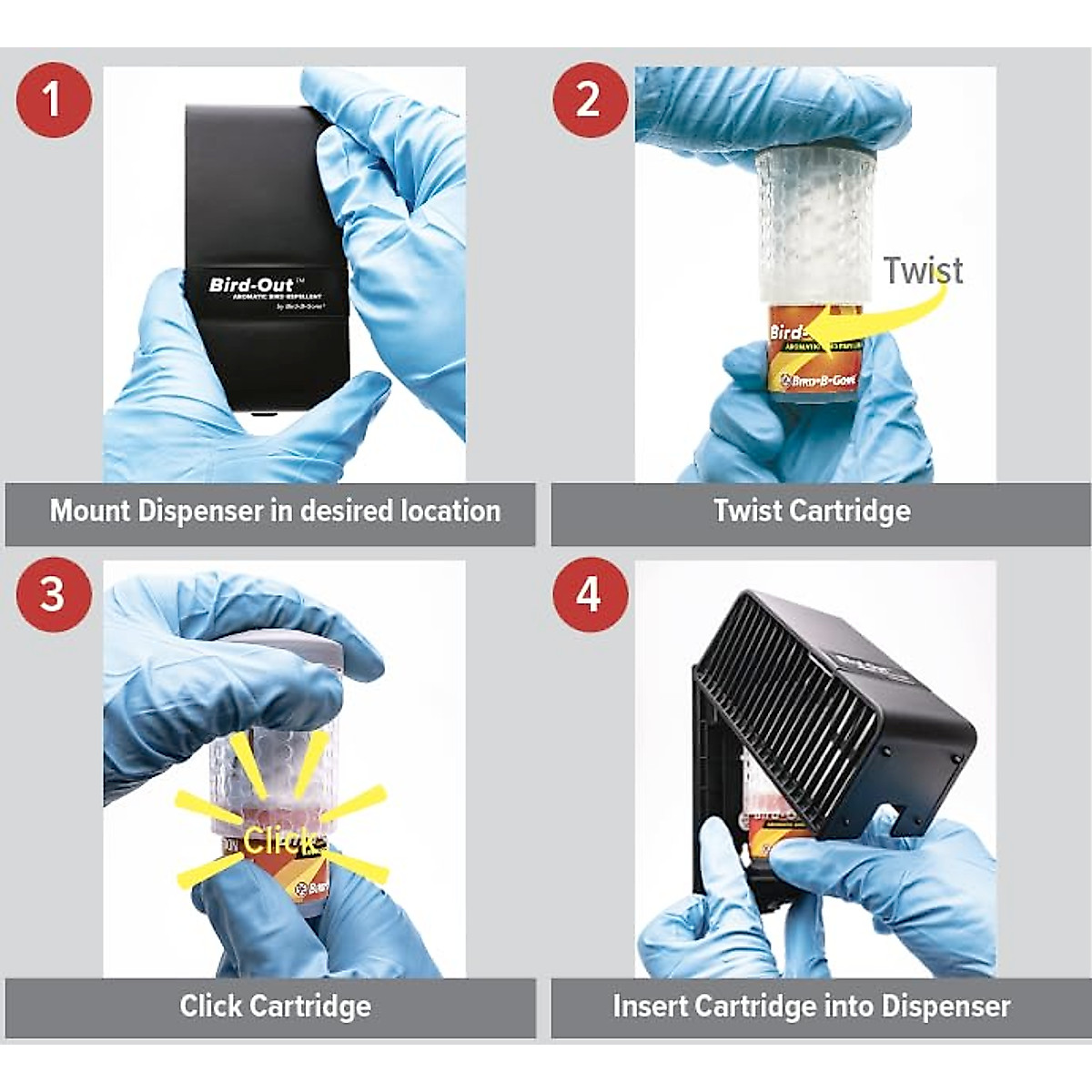 Bird B Gone - Bird-Out Aromatic Bird Repellent Kit - Dispenser & Cartridge - Humane Bird Deterrent Covers 8,000 cu ft (20'x20'x20') - for Patios, Decks, Yards - Easy, Scalable, & Discreet Solution