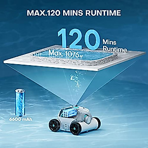 Ofuzzi Cyber 1200 Cordless Robotic Pool Cleaner, Max.120 Mins Runtime, 3H Fast Charge, 1.5X Suction Power Automatic Pool Vacuum for Above/In Ground Pools Up to 1076ft² of Flat Bottom (Grey)