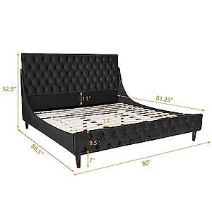 affeivul King Bed Frame and Headboard, King Size Platform Bed Frame No Box Spring Needed, Upholstered Bed Frame King with Cotton and Velvet, Low Storage, Modern Design and Wood Slats - Black
