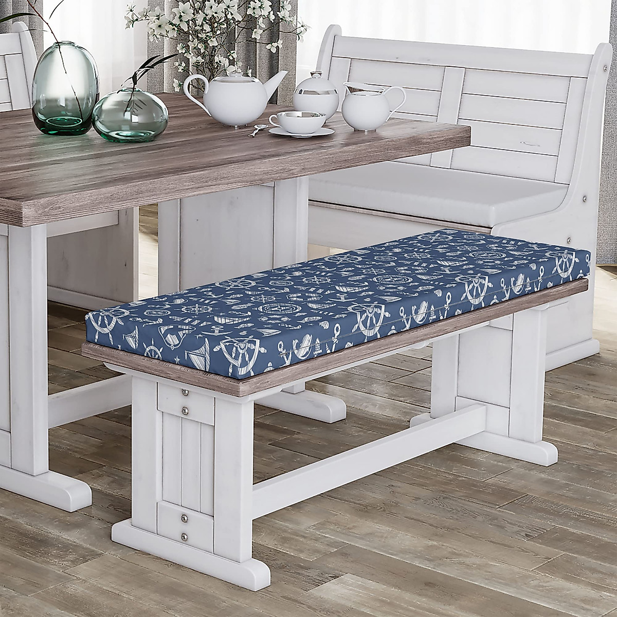 Ambesonne Sailboat Bench Pad, Diagonal Hatched Nautical Elements Ship's Wheel Anchor and Marine Animals, Standard Size HR Foam Cushion with Decorative Fabric Cover, 45" x 15" x 2", White Blue