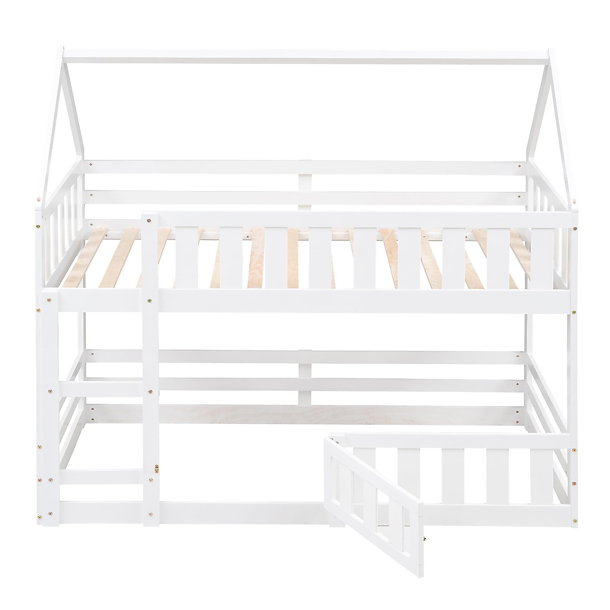 DRELOFT Twin Over Twin Floor Bunk Bed with Roof, Twin Low House Bunk Bed Frame with Ladder, Fence and Door for Kids Teens Boys Girls, Easy Assembly, White