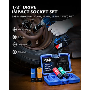 Orion Motor Tech 1/2" Drive Lug Nut Socket Set, Metric 17 19 21 mm & SAE 13/16 7/8 in. Wheel Socket Set, 5pc Impact Lug Nut Socket Set, Thin Wall Lug Nut Socket Set with Colored Protective Covers