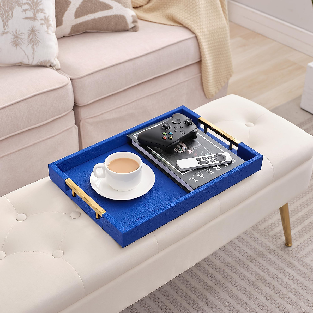 YAMILAN-17 x12 Serving Tray with Gold Polished Metal Handles,Decorative Tray for Coffee Table,Ottoman Tray for Living Room,Modern Elegant Rectangle Leather Trays for All Occasions/Devilfish/Blue
