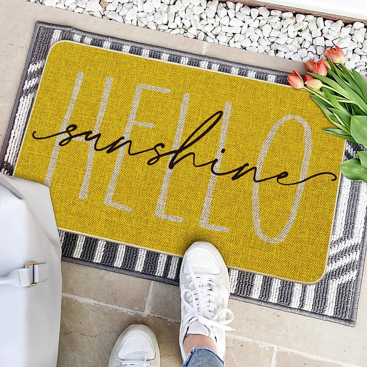 Artoid Mode Yellow Hello Sunshine Summer Decorative Doormat, Seasonal Spring Holiday Low-Profile Floor Mat Switch Mat for Indoor Outdoor 17 x 29 Inch