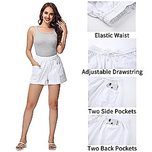 MCEDAR Linen Blend Shorts for Women Drawstring Elastic Waist Plus Size Beach Pants with Pockets White-AS