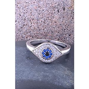 SILVERCLOSEOUT Rhodium Plated Sterling Silver Womens Blue Cz Evil Eye Ring - Size 7