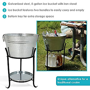 Sunnydaze Ice Bucket Drink Cooler with Stand and Tray - Pebbled Galvanized Steel - Holds Beer, Wine, Champagne and More