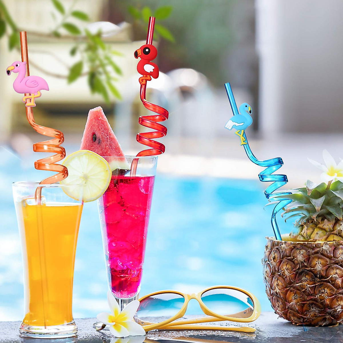 Reusable Flamingo Straws for Birthday Party Supplies | Party Favors,Luau Hawaiian Pool Party with 2 Cleaning Brush (24+2)