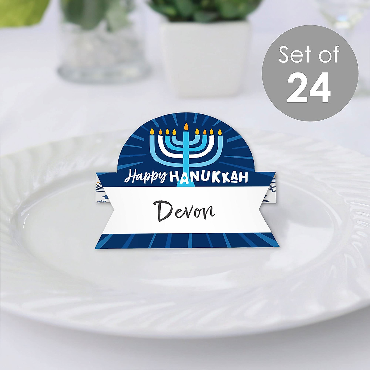Big Dot of Happiness Hanukkah Menorah - Chanukah Holiday Party Tent Buffet Card - Table Setting Name Place Cards - Set of 24