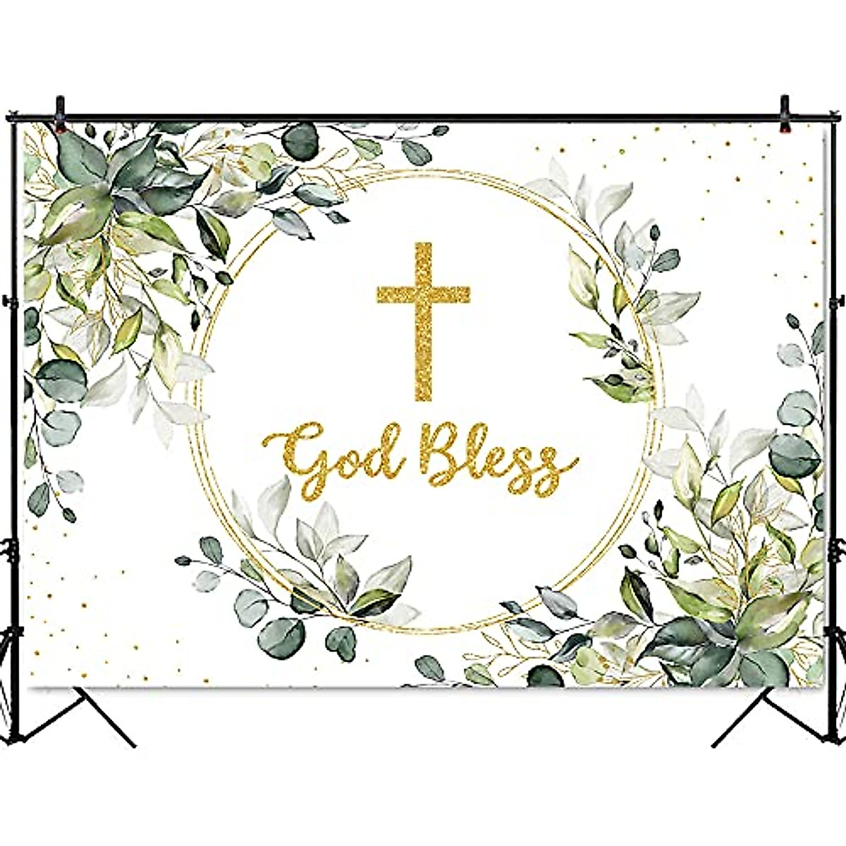 Mocsicka Greenery Baptism Backdrop Green and Gold God Bless Background First Holy Communion Christening Party Cake Table Decoration Banner Photo Booth Props (7x5ft)
