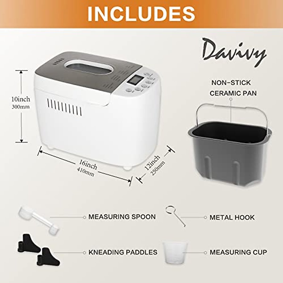 Davivy Bread Maker Machine 3LB with 2 Dough Kneading Paddle Dough Maker,15-in-1 Automatic Bread Machine Maker with Nonstick Bowl For Bread, Jam& Yogurt, 3 Loaf Sizes and 3 crust settings,15-H Delay Timer（850W,Silver,3.3LB）