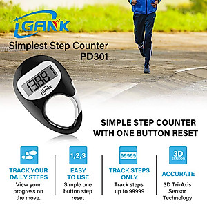 iGANK Simple Walking Pedometer 3D Step Counter for Men Women Kids (Black)