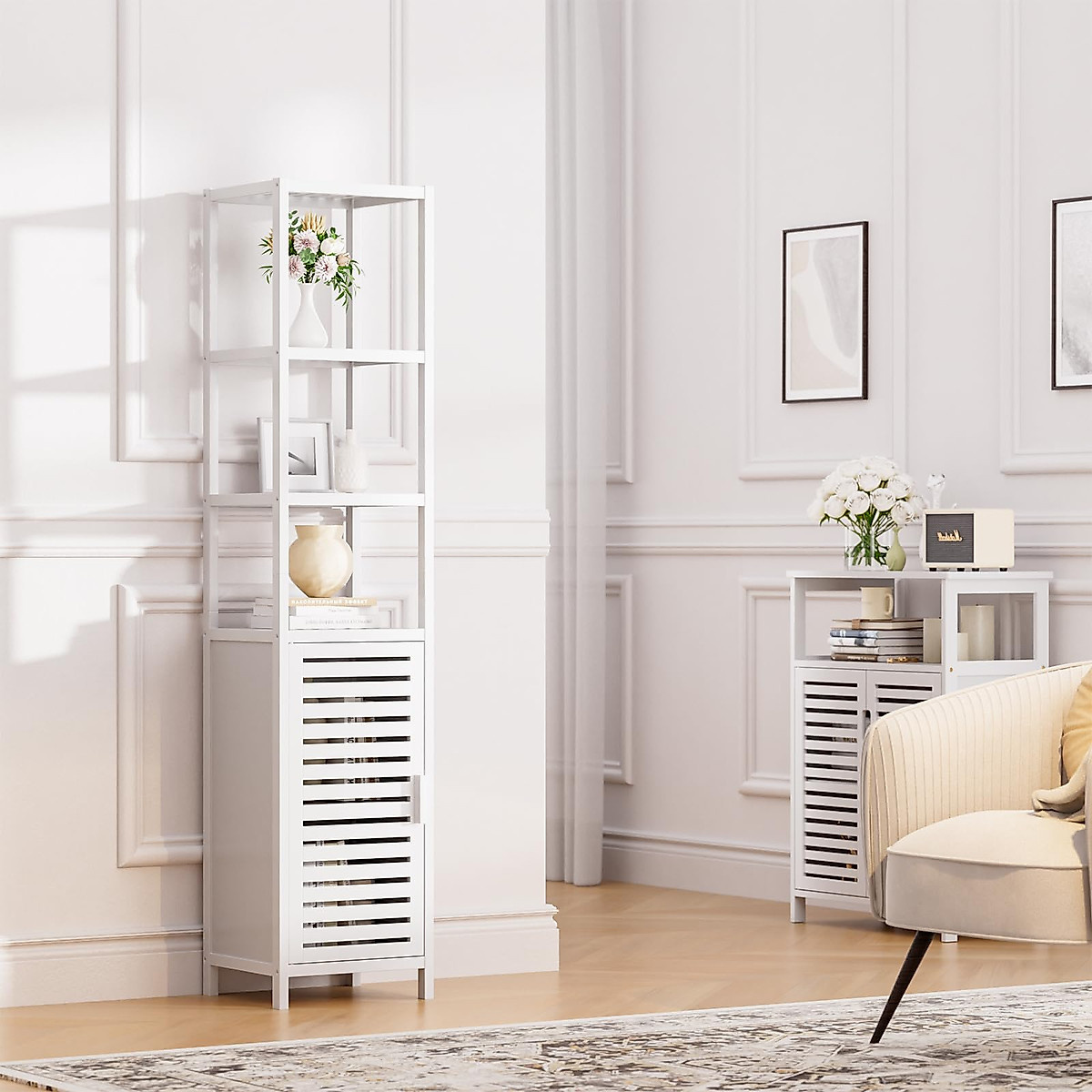 HITNET Bathroom Tall Cabinet, Floor Standing Bamboo Storage Cabinet with 6 Shelves and Shutter Door for Kitchen Living Room, White
