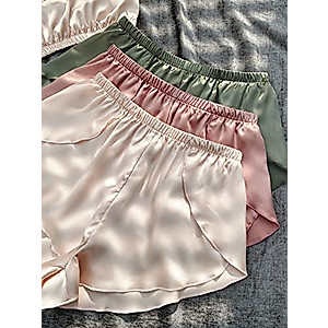 Verdusa Women's 6 Piece Satin Pajama Set Sleepwear Crop Cami Top & Shorts Loungwear Green Pink Beige M