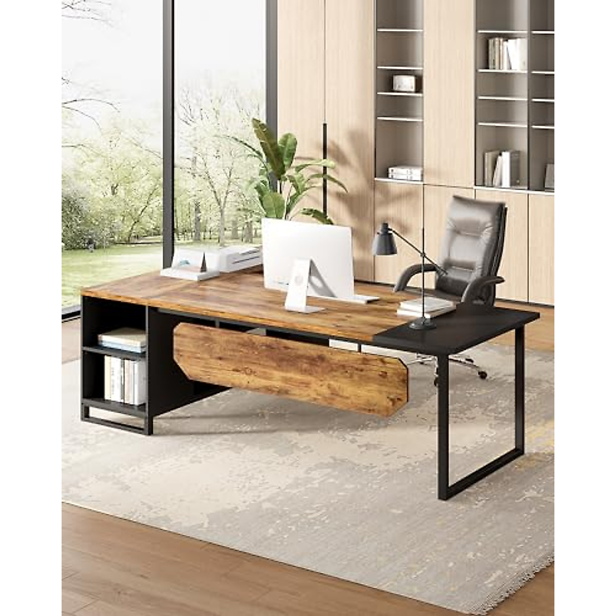 LITTLE TREE 70.8 Inches Executive Desk and 55 Inches File Cabinet Combo, Large L Shaped Computer Desk with Storage Cabinet and Shelves, Modern Business Furniture for Home Office, Rustic Brown & Black