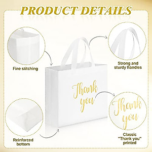 Fumete 50 Pcs Reusable Non Woven Thank You Bags Shopping Bags Grocery Bags Bulk Shopping Merchandise Bag with Handles (White, Gold)