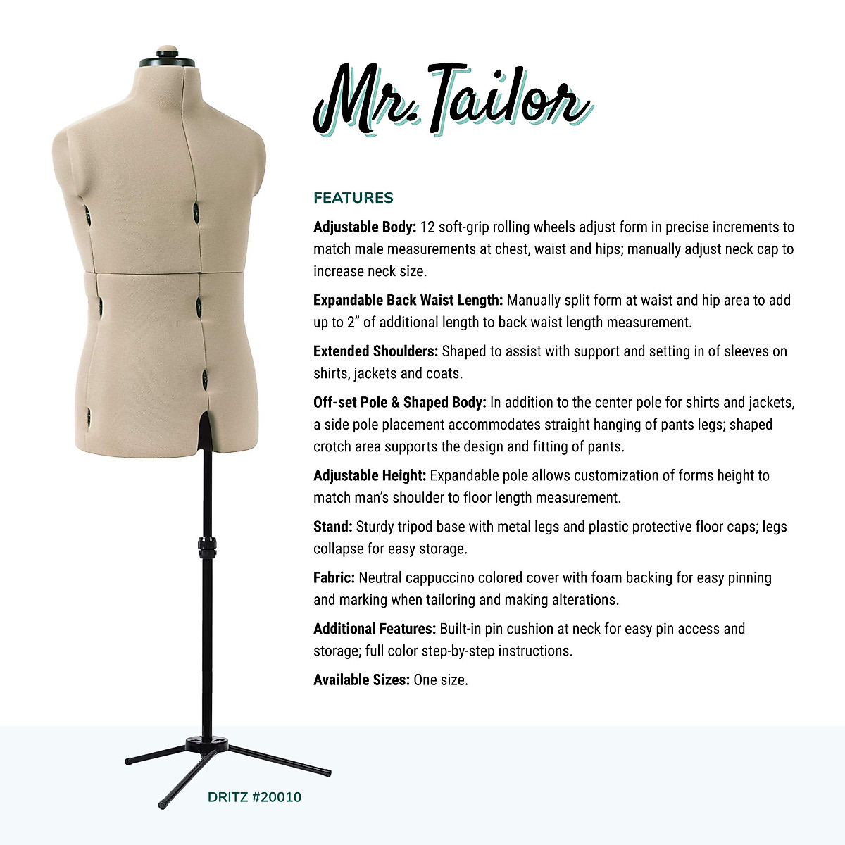 Dritz Mr. Tailor Adjustable Dress Form, Male, Black