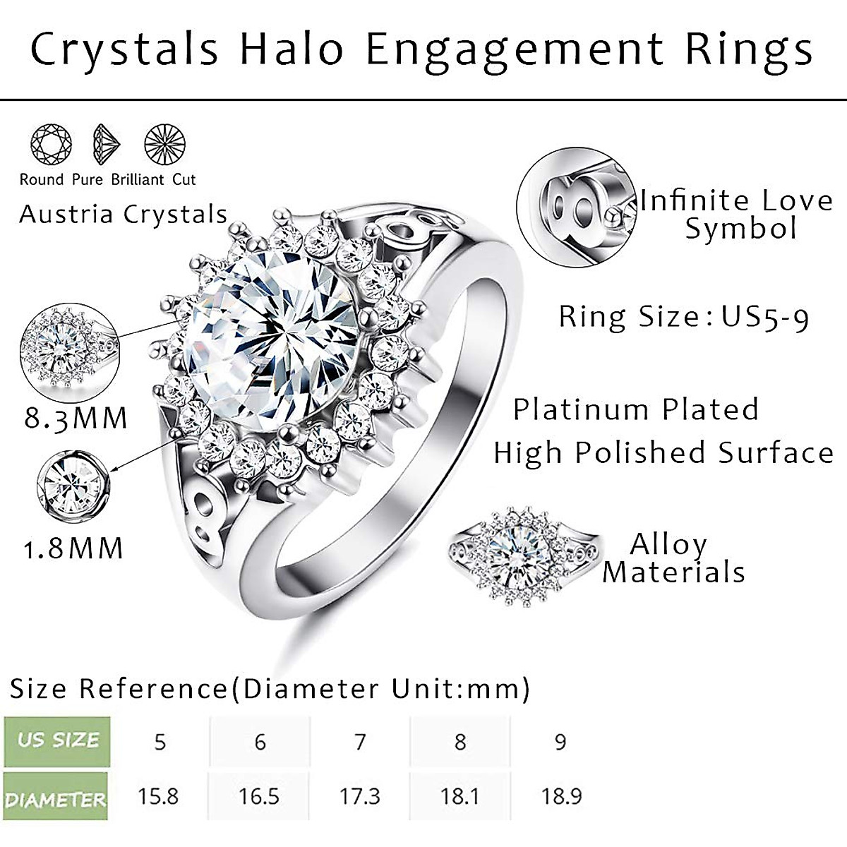 Sllaiss Made of Austrian Crystal Halo Engagement Rings for Women White Gold Plated Band Infinity Promise Rings Solitaire Wedding Ring Jewelry Gift (5)