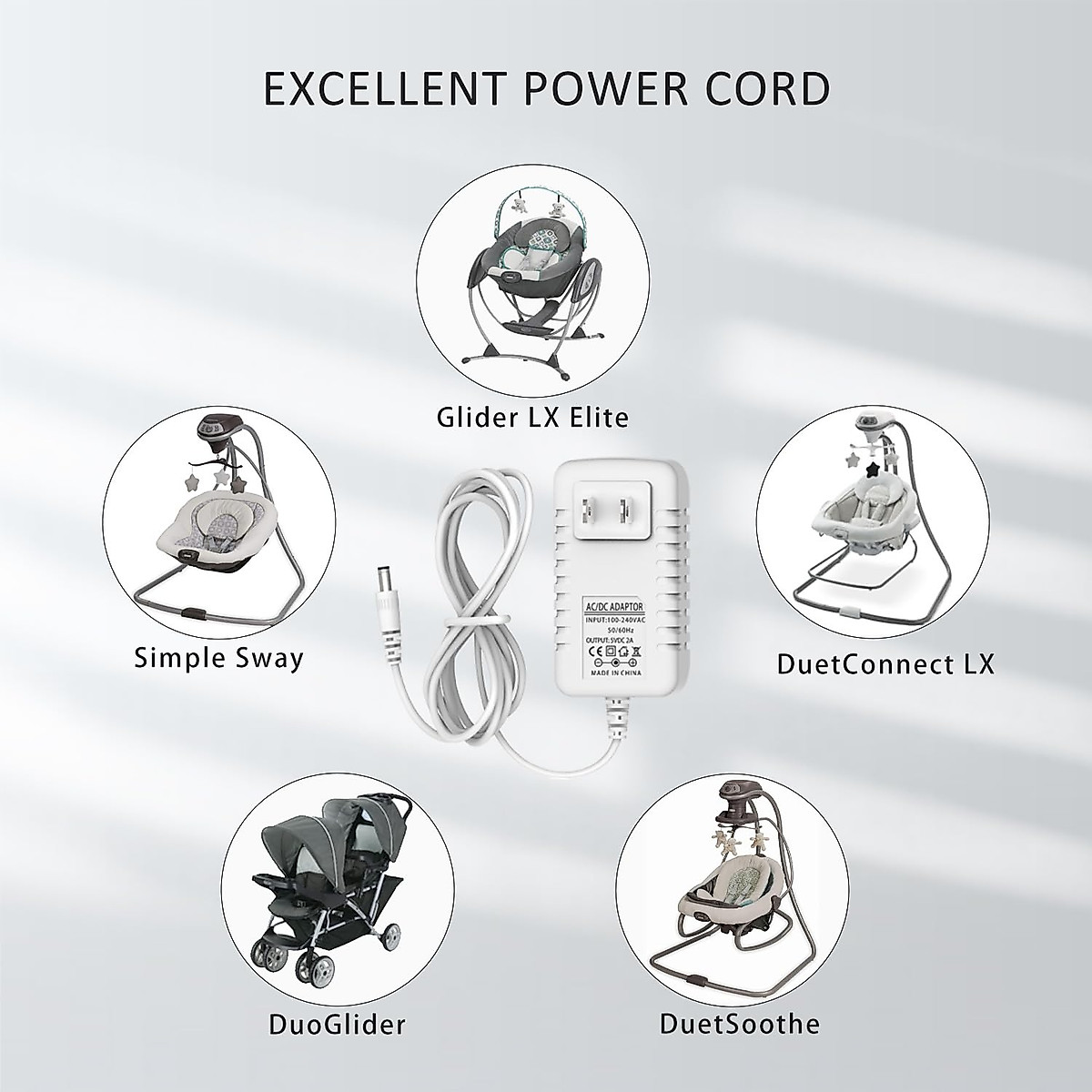 BOEEA 5V Power Cord Replacement for Graco Duetsoothe Swing, Charger for Simple Sway and Nova Baby Swing, 6.6 Ft Charging Cable, White