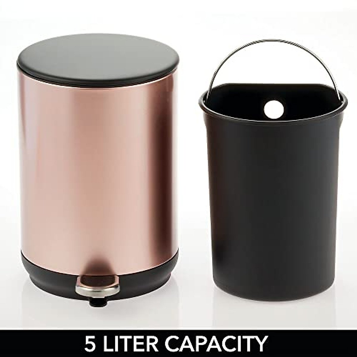 mDesign Slim Stainless Steel Toilet Bowl Brush and Holder + Round Gallon Step Garbage Can Wastebasket Bin for Bathroom Cleaning/Storage - Holder for Garbage and Waste - Set of 2 - Rose Gold/Black