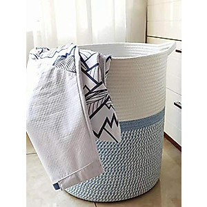 M Size Blue White Laundry Basket with Handles Toy Basket Clothes Hamper Home Decor Basket Towel Storage Woven Blanket Basket Cotton Rope Decorative Blanket Basket,Environmental Protection Material