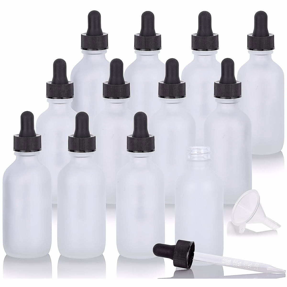 JUVITUS 2 oz / 60 ml Frosted Clear Glass Boston Round Bottle with Graduated Measurement Black Dropper (12 pack) + Funnel