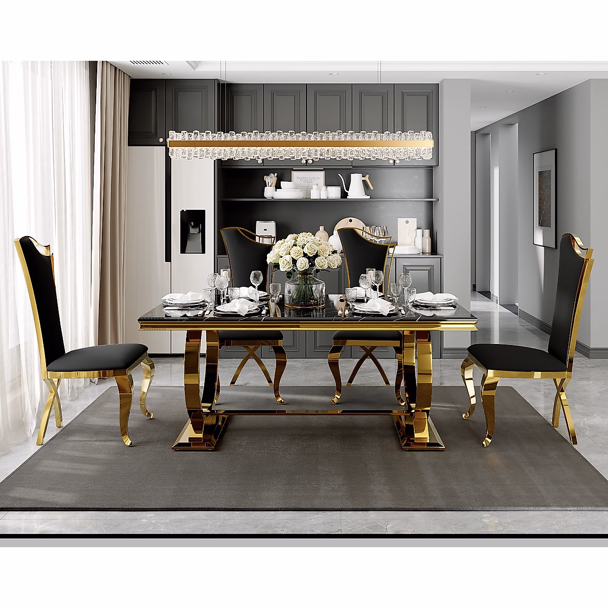 ACEDÉCOR Modern Dining Room Table with Gold Stainless Steel Metal U-Base in Black Gold