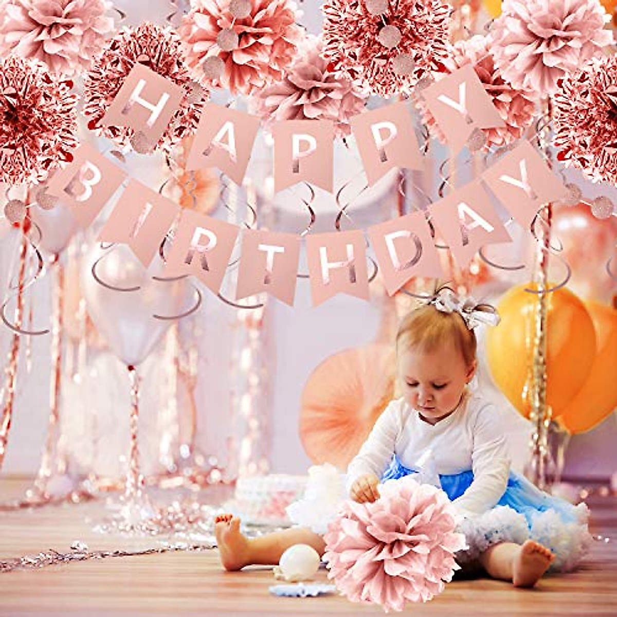 Rose Gold Birthday Party Decorations Set - Rose Gold Glittery Happy Birthday banner, Foil Swirls,Tissue Paper Pom Poms, Circle Dots Garland for Birthday Party Decorations,Girls Birthday