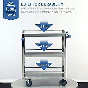 Lakeside Manufacturing 526 Guard Rail Utility Cart, Stainless Steel, 3 Shelves, 500 lb. Capacity (Fully Assembled)