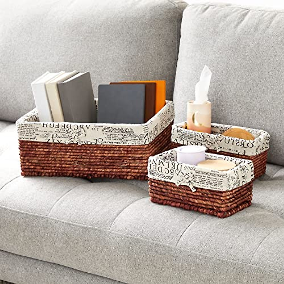 Set of 5 Brown Rectangle Woven Storage Nesting Baskets for Closet Organization, Bathroom Shelves, Pantry, Vanity, Bathroom, Laundry, Dresser, Bookshelf Organizing, Small (3 Sizes)