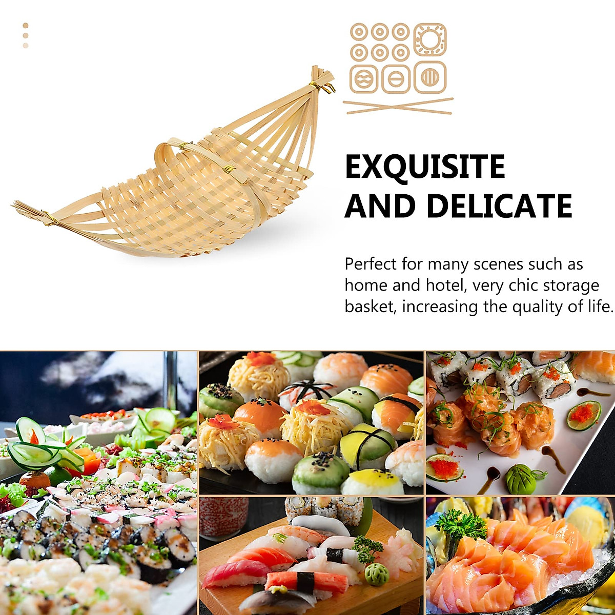 MAGICLULU Wooden Sushi Boat Serving Tray Wicker Woven Snack Baskets Flatware Drain Display Baskets Fruit Vegetable Holder Weaving Cutlery Organizer for Home Kitchen