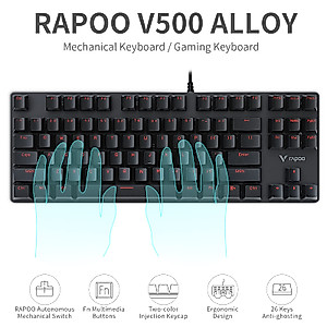 Mechanical Gaming Keyboard, RAPOO V500 Alloy Wired Keyboard with Black Switches for Game Players, Quick Response Gaming Keyboard, Anti-Ghosting Keyboard for Windows Gaming PC/Game Laptop, 87 Keys