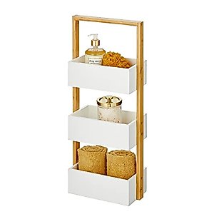 mDesign Free-Standing 3-Tiered Shelf for Bathroom, Wood Bamboo Storage Rack Room Decor Shelves - Decorative Organizer Bins for Bath Towels, Hand Soap, and Toiletries - White/Natural