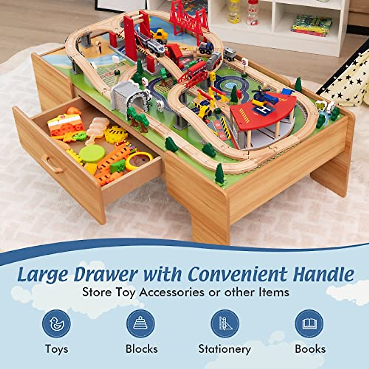 Costzon Train Table, 2 in 1 Kids Activity Table w/Storage Drawer, 100 Multicolor Pieces, Railway, Track, Cars, City, DIY Design, Reversible Tabletop, Gift for Boys Girls, Wooden Train Set (Natural)