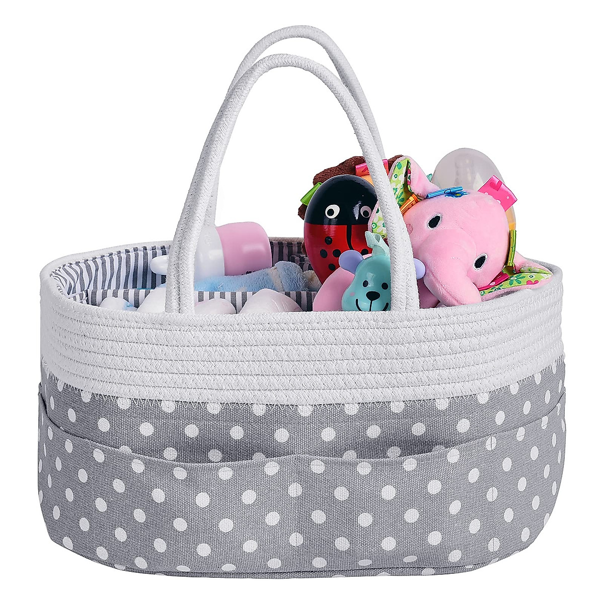 Baby Diaper Caddy Organizer, Rope Nursery Storage Basket with Removable Division Inserts, 3 Grids 8 Pouches, for Baby Boy or Girl Shower Gifts Newborn Essential Stuff Registry Must Haves Item