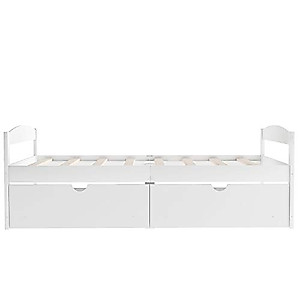 POCIYIHOME Wooden Daybed with Two Drawers, Twin Size Platform Bed with Clean Lines, Modern Daybed with Slats Support, Suitable for Bedroom,Living Room and Office, No Box Spring Needed, White