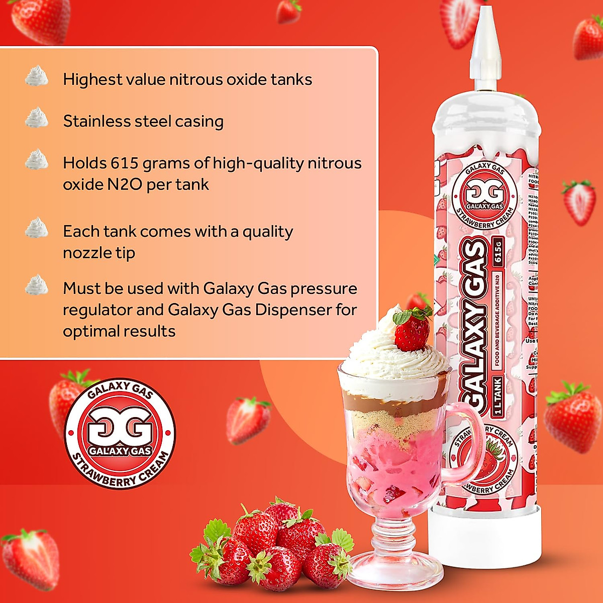 Galaxy Gas Strawberry Flavor Whipped Cream Dispenser Cartridge Tank, Nitrous Oxide 1L 615 Gram, Whipped Cream Tank, N2O Charger Tank, 1 Cylinders (GASun1070)