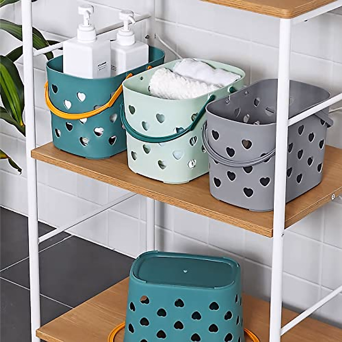 Anyoifax 2 Pack Portable Shower Caddy Tote Plastic Storage Basket with Handle Box Organizer Bin for Bathroom, Pantry, Kitchen, College Dorm, Garage, Set of 2 - Pink & Green