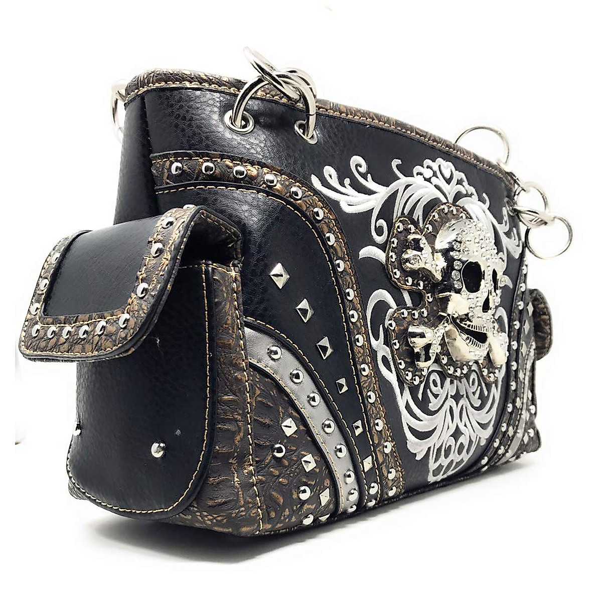 Texas West Women's Embroidered Metal Skull Purse Handbag and Wallet set in 7 colors (Black Set)