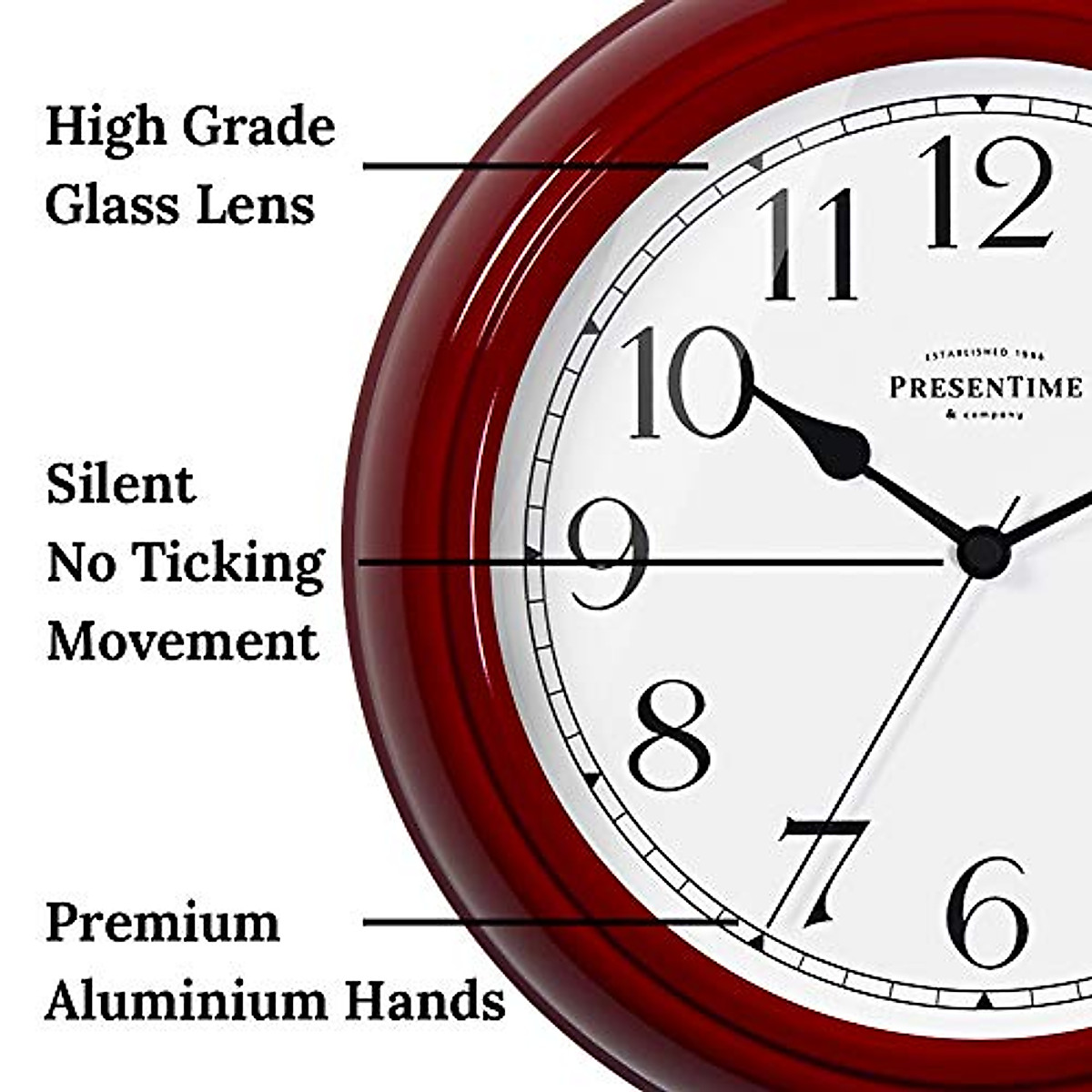 PresenTime & Co Chic Home Collection 10" Molly Clock, Silent No Ticking, Red Color