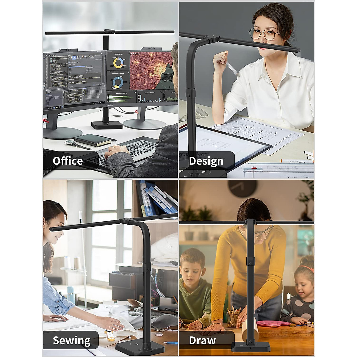 AKRRYR LED Desk Lamp for Home Office, Double Head 24W with USB Charging Port & Wireless Charger, Architect Light 5 Lighting Brightness Flexible Gooseneck Table Reading Study, Black