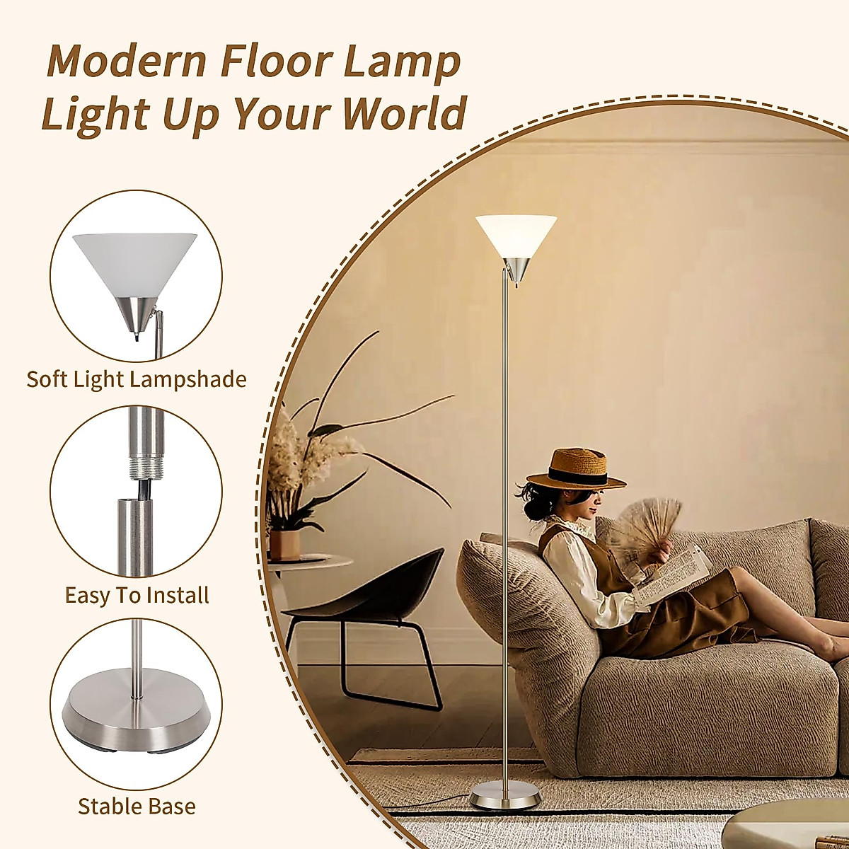 HonoDing Floor Lamp Standing Lamp Adjustable Head Arcylic Shade Floor Lamps for Living Room/Office/Bedroom (Satin Nickel)