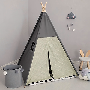 TreeBud Teepee Tent for Kids Stripe Padded Mat Foldable Dark Tone Grey Play Tents for Girl and Boy with Carry Case Wooden Pole Printing Canvas Tepee Playhouse for Child Indoor Outdoor