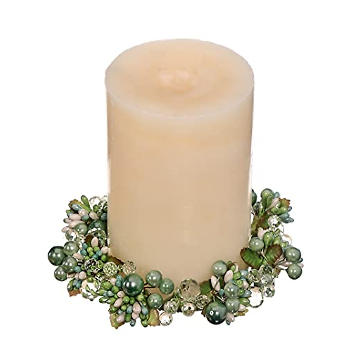 Reg, 6 Inch Spring and Summer Crystal and Pearlized Berry Candle Ring, Holds 3.75 Inch Pillar Candle - Green, Light Blue, Pearlized Sage Green