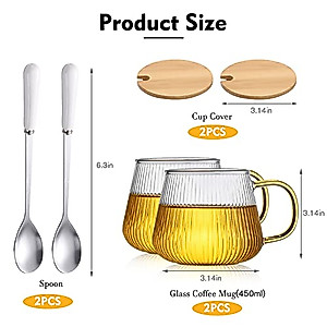 15 Oz Glass Coffee Mugs Set of 2,Glass Coffee Cups with Lids and Spoon,Clear Coffee Mug for Hot Beverages and Cold,Ice Coffee,Tea,Cereal, Milk,Cappuccino,Latte,Dishwasher and Microwave Safe.