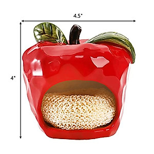 Frcctre 2 Pack Kitchen Dish Sponge Holder, Ceramic Scrubby Holder with Nylon Dish Scrubby, Kitchen Sink Sponge Caddy Farmhouse Decor Accessories, Red Apple Shape