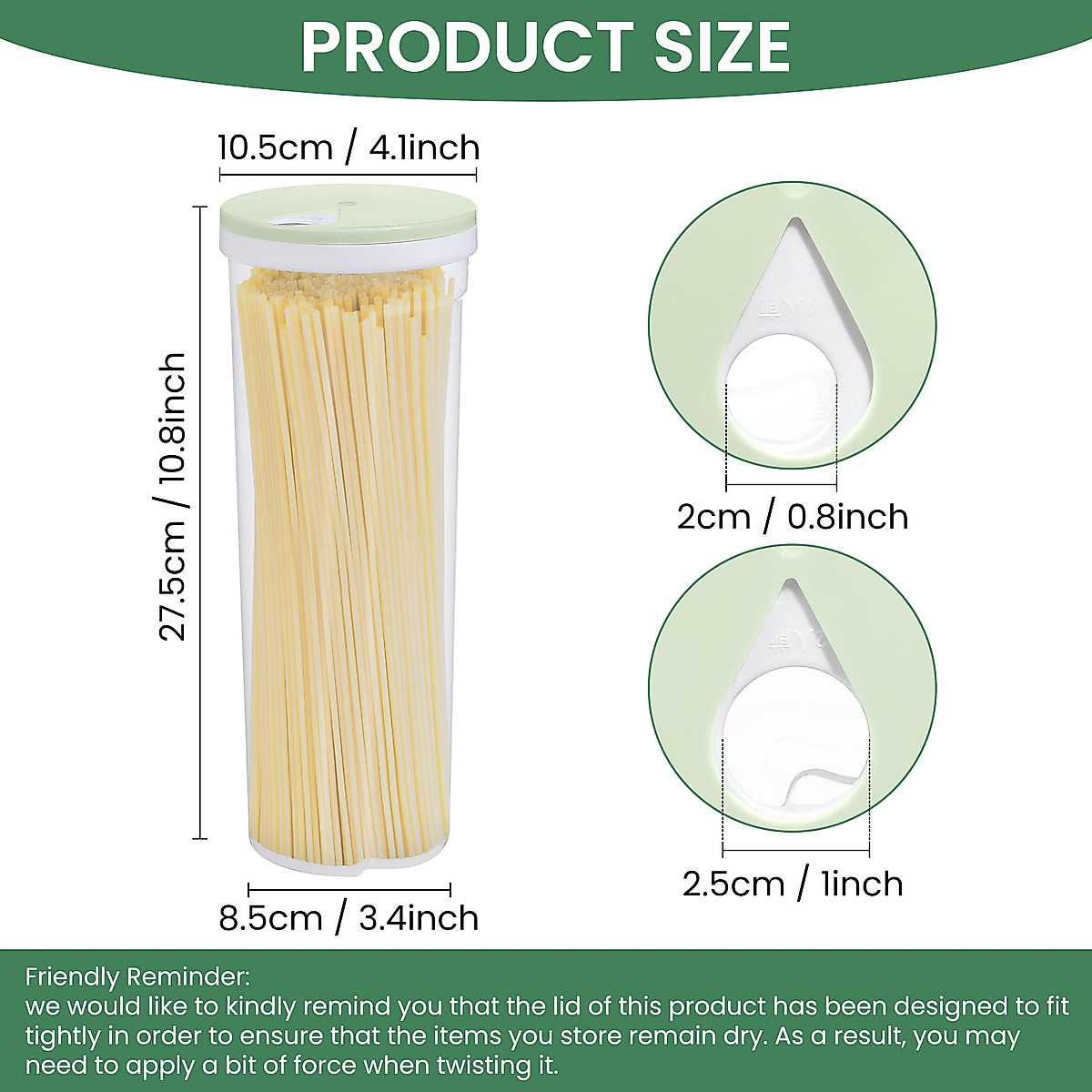 EORTA Plastic Spaghetti Container Noodle Pasta Storage Jar with Locking Lid Clear Dry Food Keeper Canister Cereal Crisper Box, Green