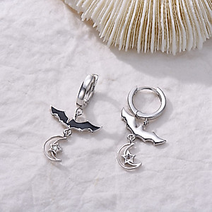 Bat Earrings for Women 925 Sterling Silver Bat Dangle Earrings Halloween Crescent Moon Bat Drop Earrings Bat Jewelry Gift for Women Halloween Gifts