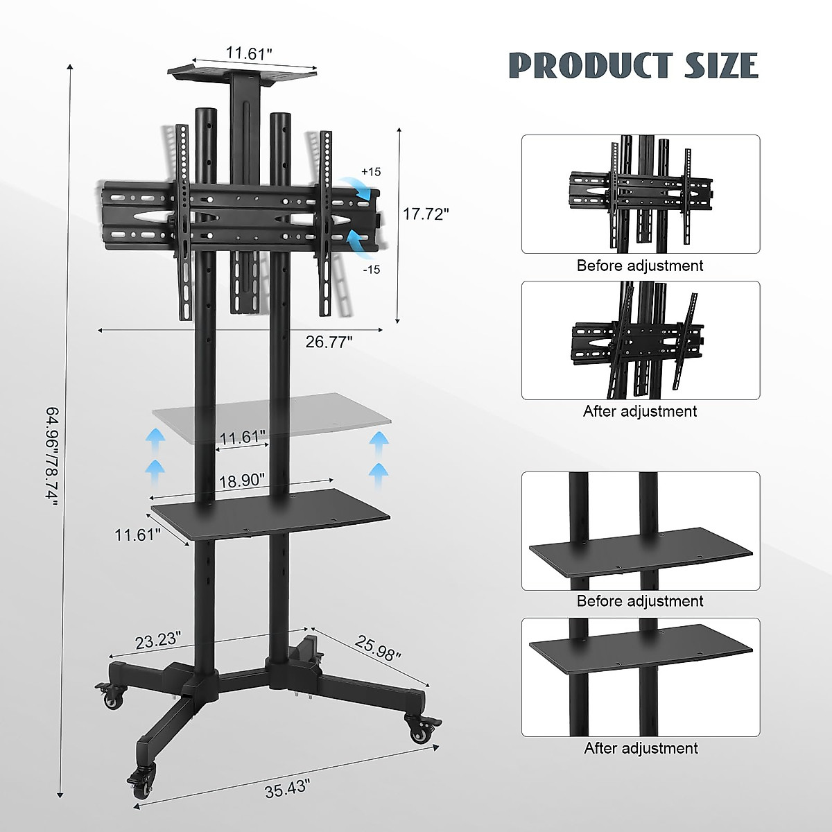 GCCSJ Mobile TV Cart for 32-70 Inch LCD LED OLED Flat Curved Screen TVs Up to 110 lbs Height TV Cart with Wheels Adjustable Portable TV with Laptop DVD Shelf, Locking Wheels, Max VESA 600x400mm