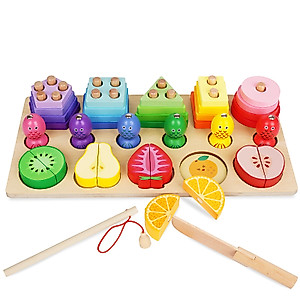Agirlgle 3 in 1 Montessori Toys Wooden Shape Sorting & Stacking Toys Cutting Play Food Toy Fishing Game ，Color Shape Sorter Puzzles Educational Learning Toy Fine Motor Skills Geometric Stacker Blocks